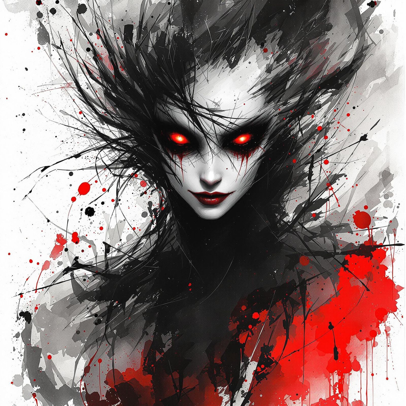 A haunting and surreal portrait of a female demon