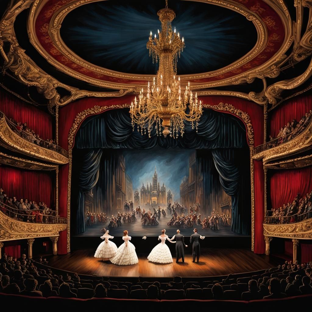 A dramatic scene set in a lavishly decorated theater during a ...