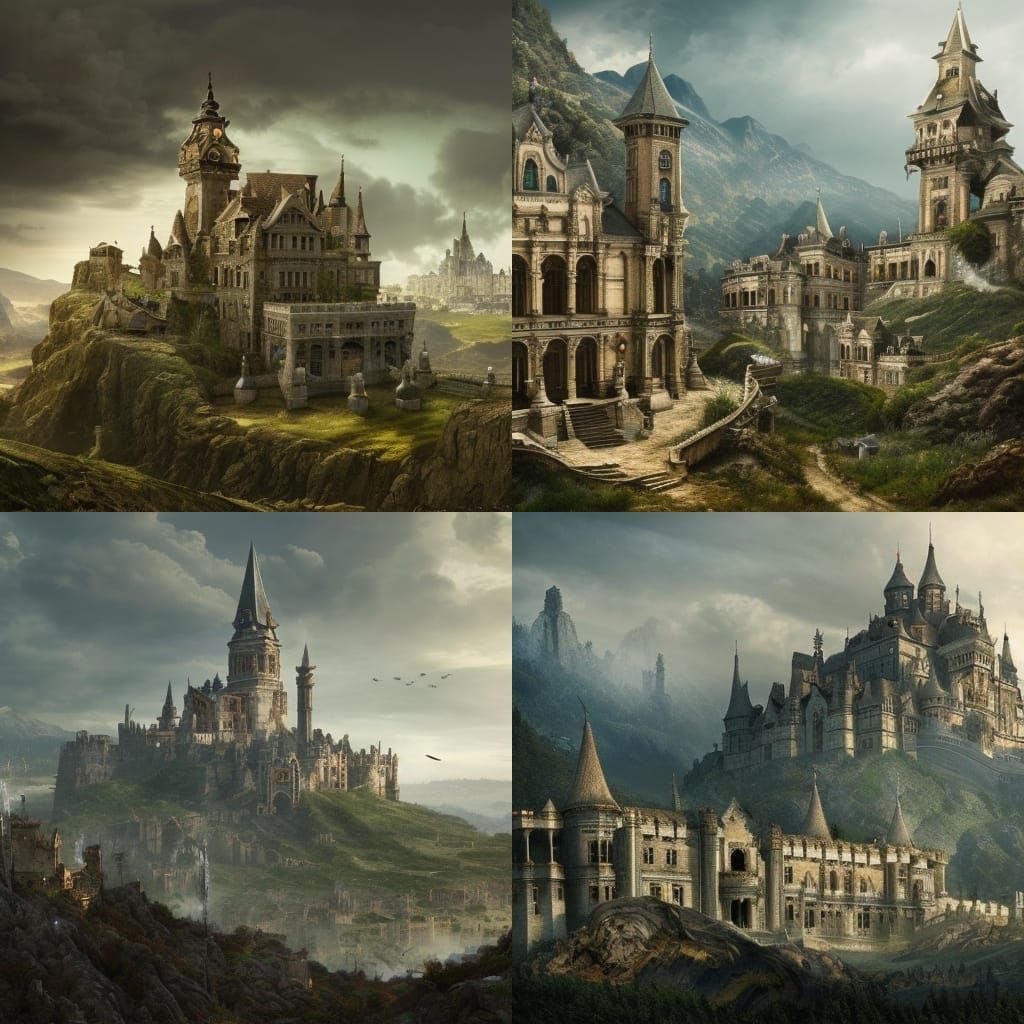 A grand castle overlooking a desolate village overtook by nature - AI ...