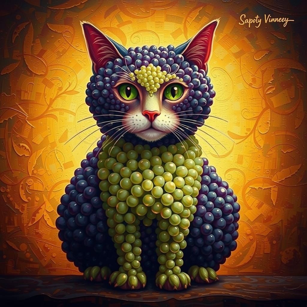 Regal Grape Cat in Impasto Oil Painting - AI Art