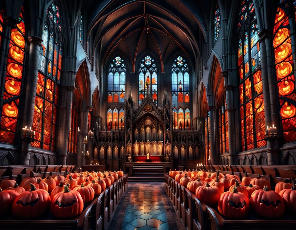 Carved pumpkins singing in church choir on Halloween night - AI ...