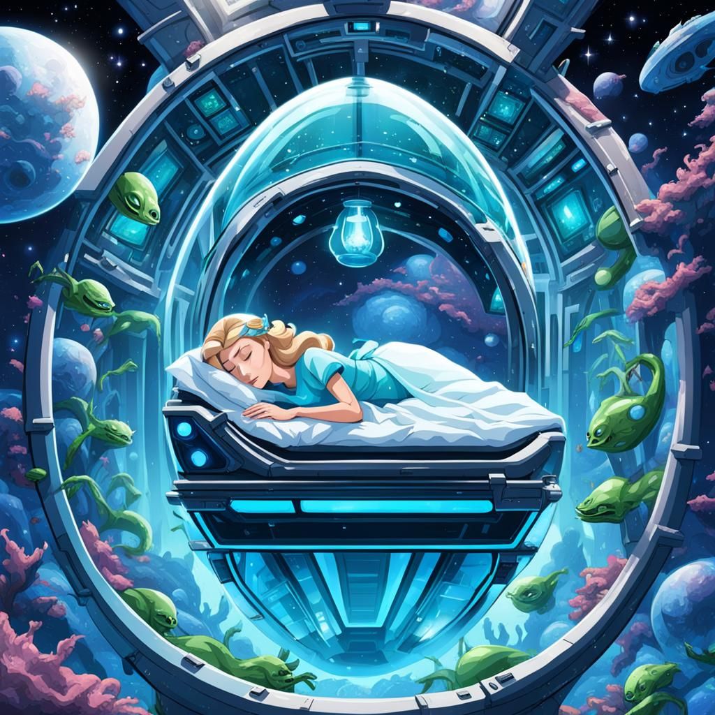 Sleeping beauty in cryo sleep in space, with an alien peering into her ...