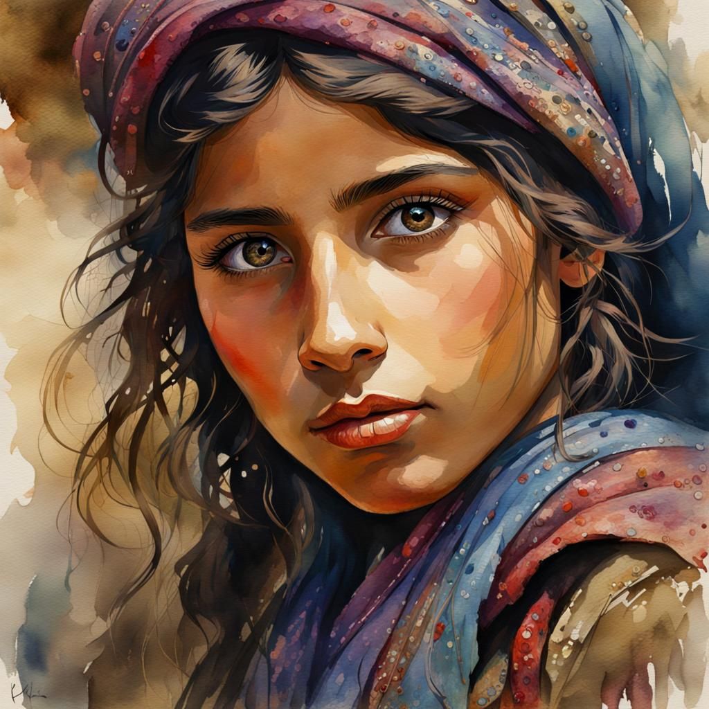 Digital art, fantasy, a watercolour portrait of a pretty young gipsy ...