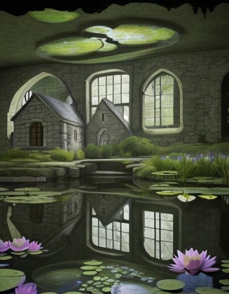 indoor pond with tiny houses - AI Generated Artwork - NightCafe Creator
