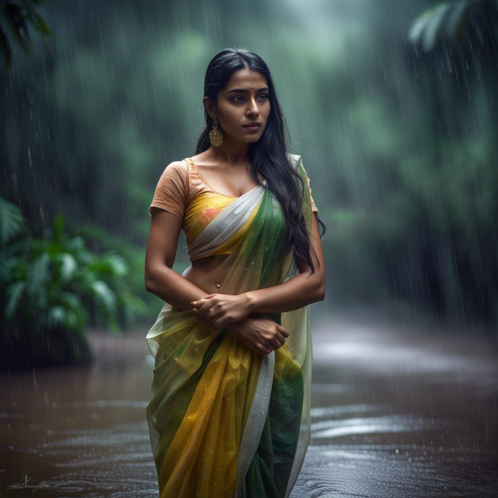 beautiful indian women in transperant saree deep navel show wet in rain ...