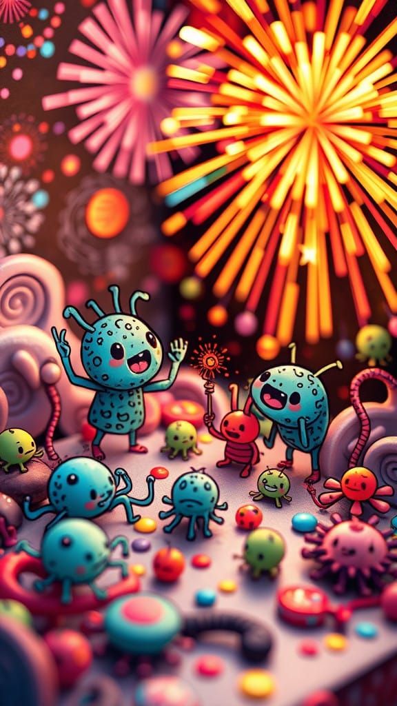 Micro fireworks - Vibrant Kawaii Fireworks Scene in Whimsic...