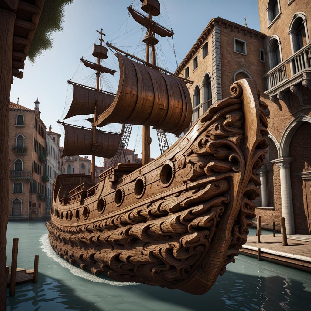 ship carved out walnut log floating down calli in Venice,real detailed ...