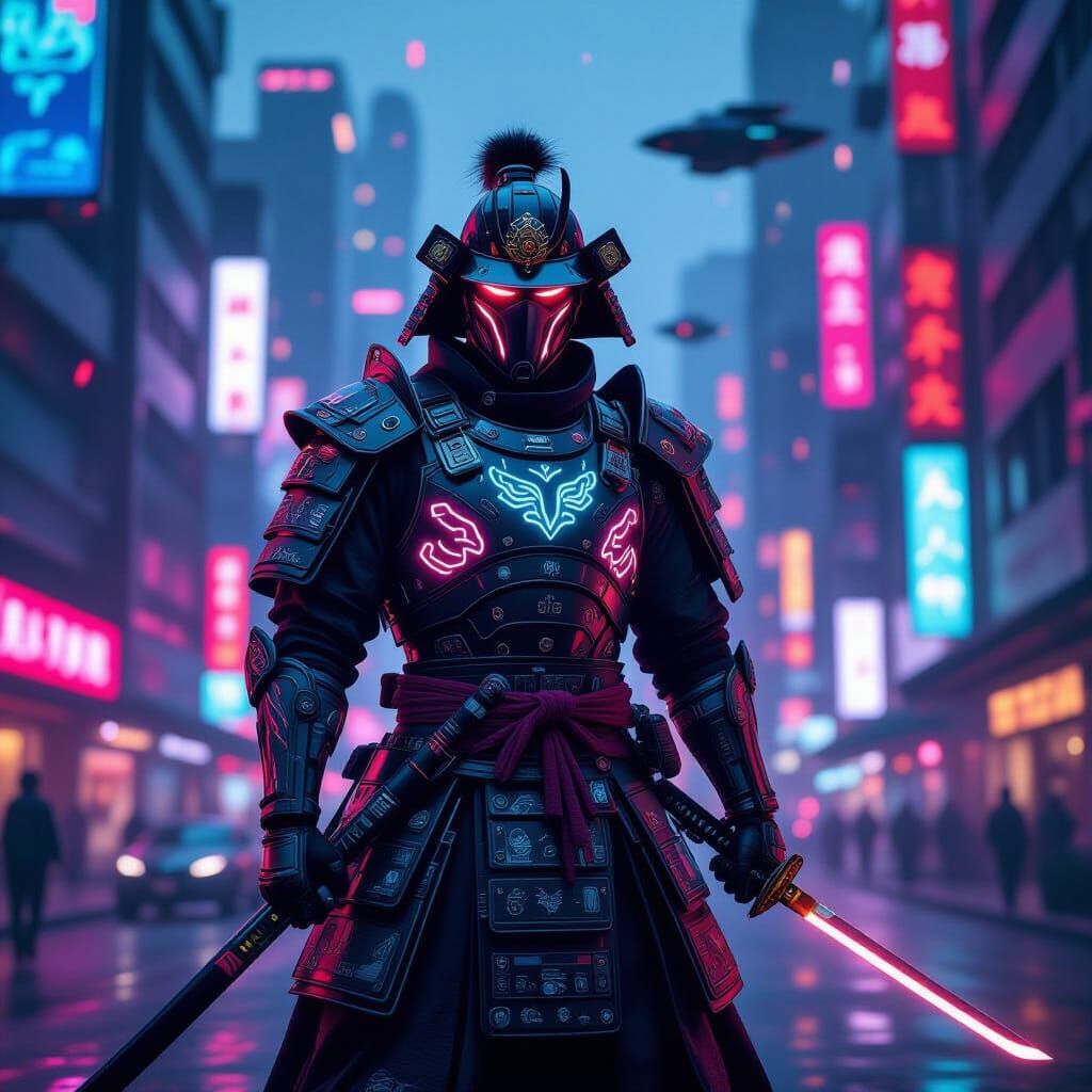 Futuristic Samurai Warrior in Neon Cityscape - AI Art