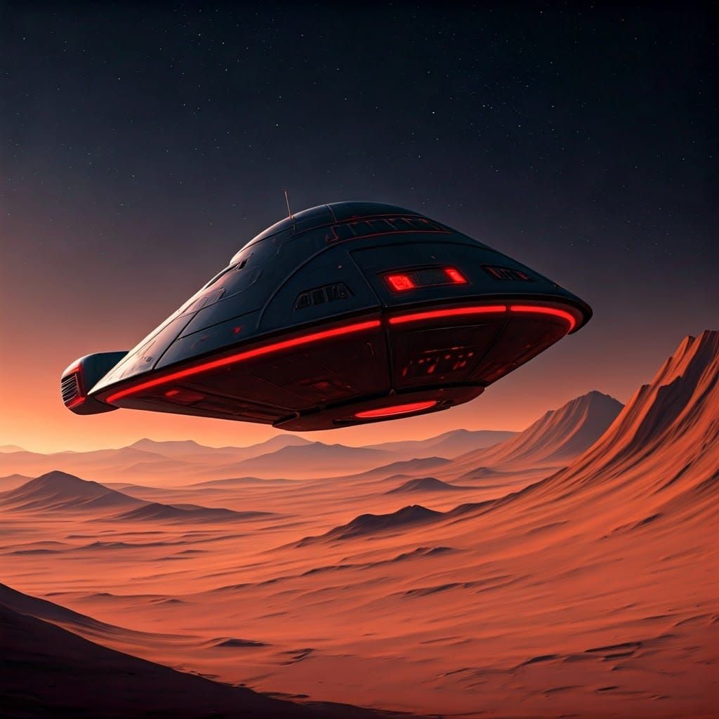 Sleek Black UFO Soars Over Mars at Night with Red ... - AI Art
