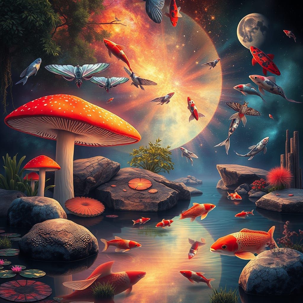 Glowing Cosmic Realms with Moths and Radiant Mushr... - AI Art