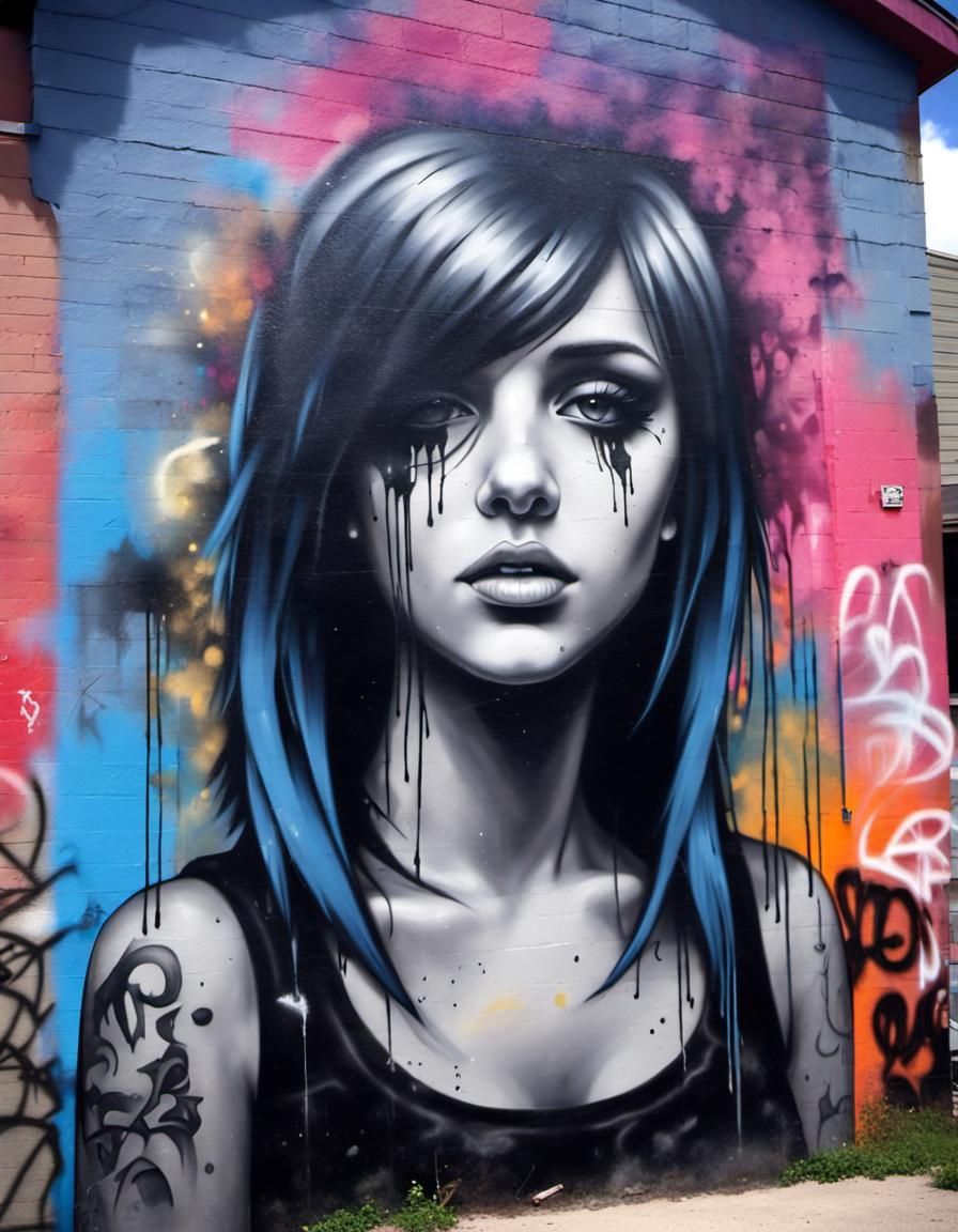 Beautiful emo goddess; spray painting graffiti masterpiece on to ...