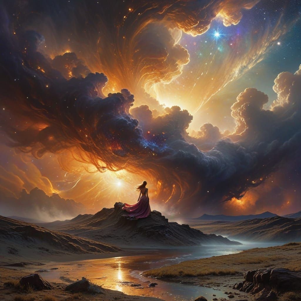 Emily's stunning evening gown woven from the depths of a vibrant cosmic ...