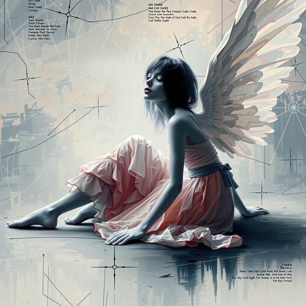 "A fallen angel depicted in a dark, abstract style. Sitting on the ...