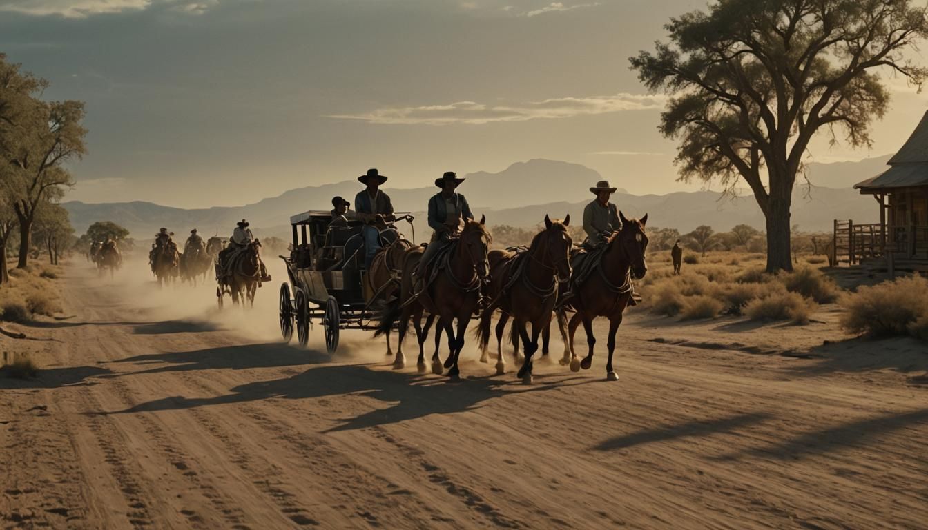 16 Carriages all lined up and riding towards the sunset, lead by a ...