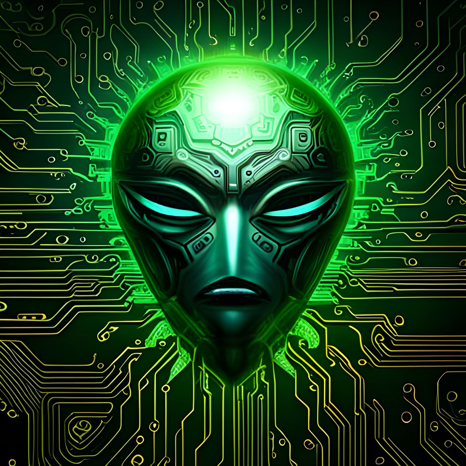 Intricate motherboard circuitry with a chipset in the shape of an ALIEN ...