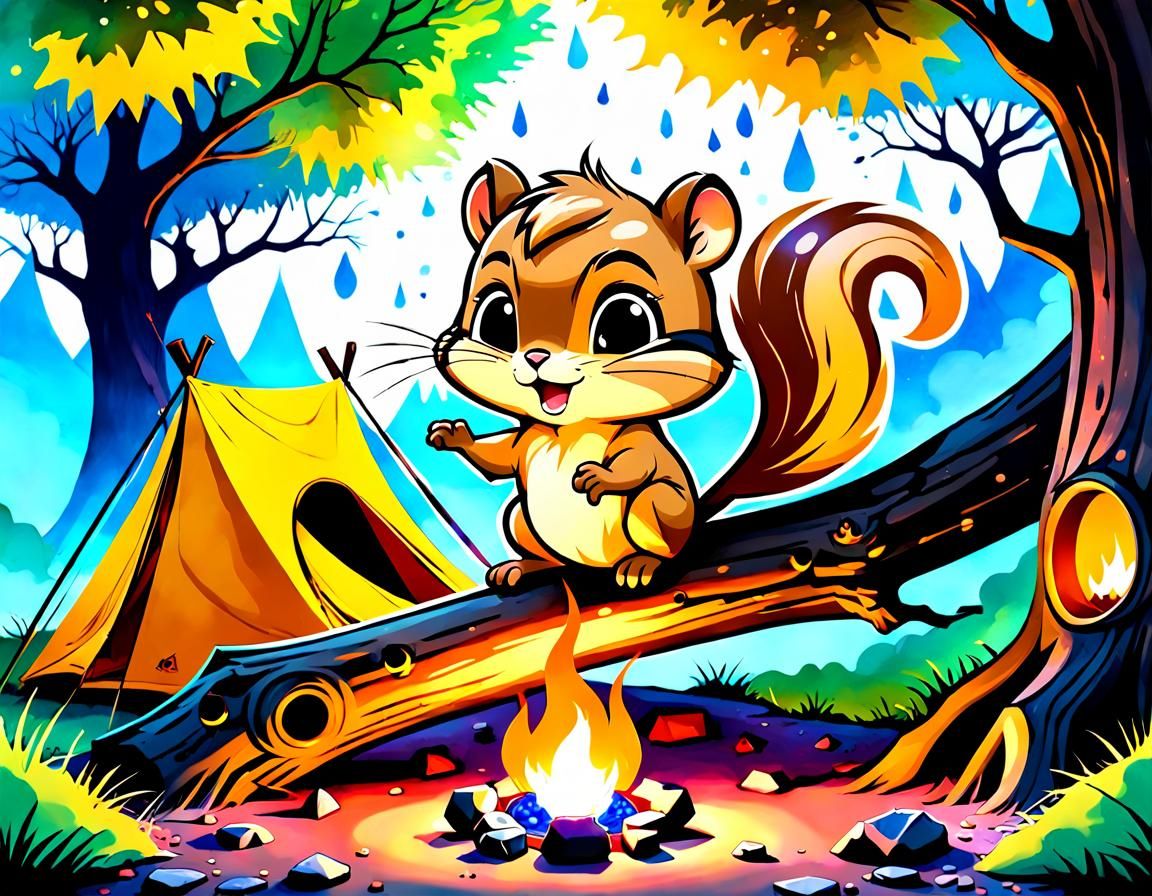 Cute Camping chipmunk during a rain shower - AI Generated Artwork ...
