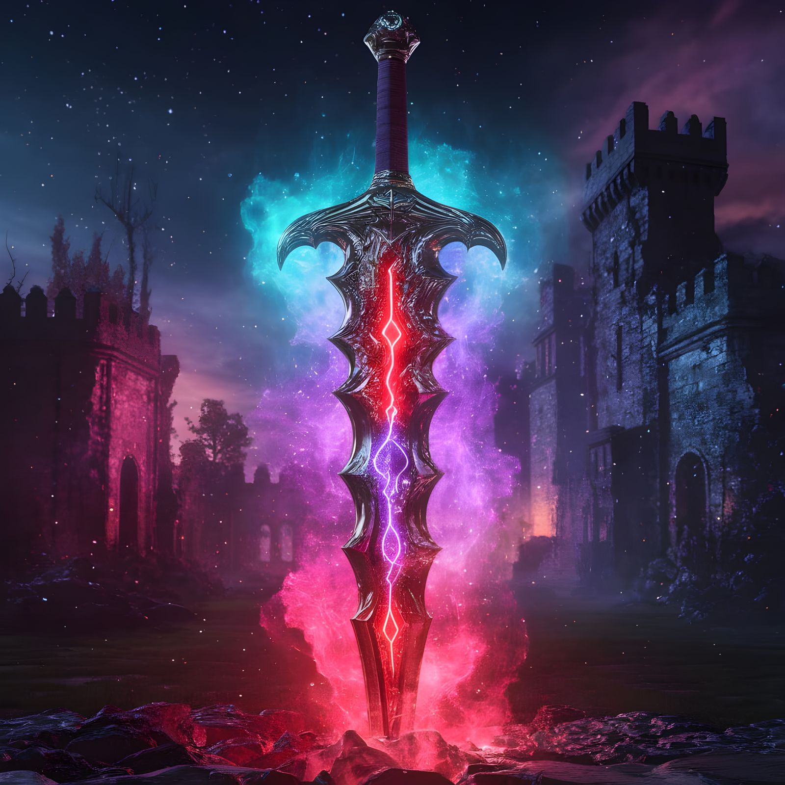 Epic Sword of Light in Neon Hues and Ancient Castl... - AI Art