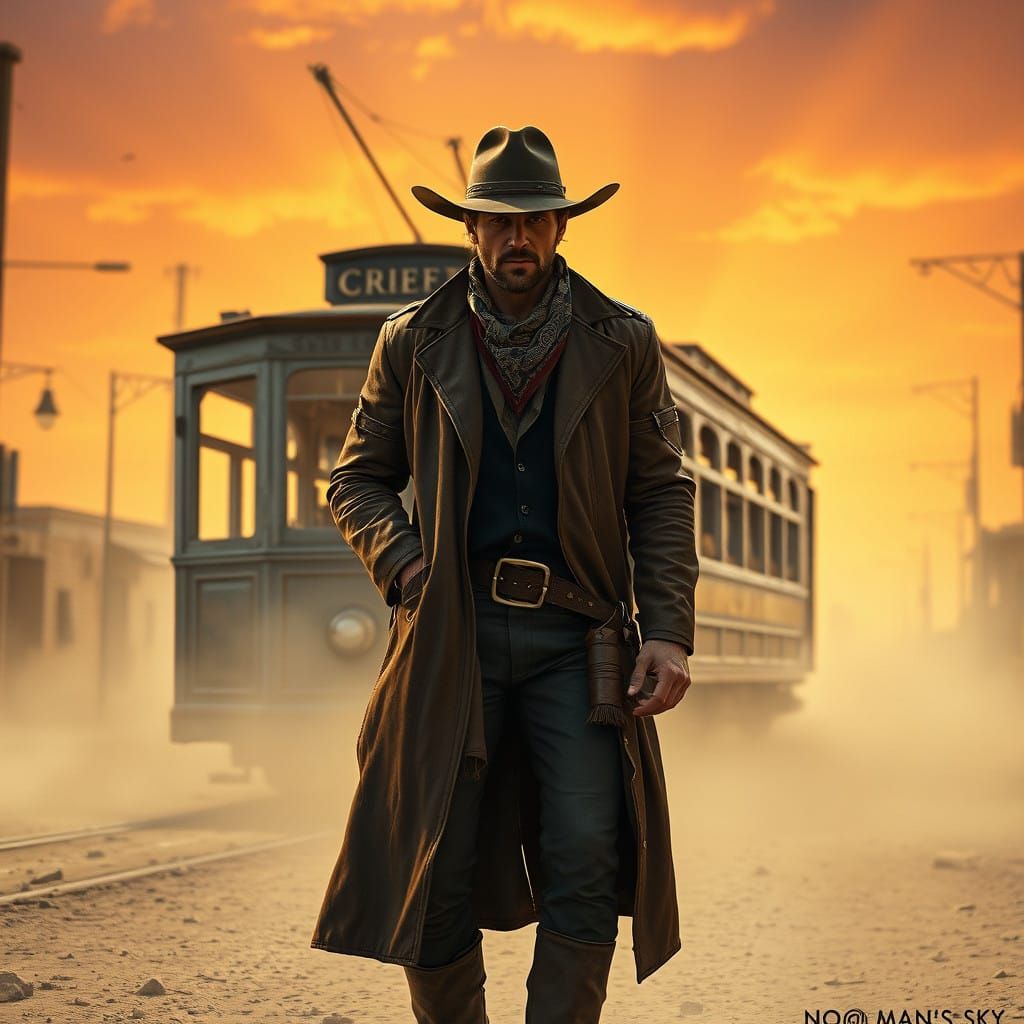Cowboy Stands Tall Against Vintage Tram in Dramati... - AI Art