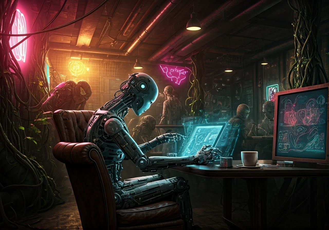 Sleek Android Maestro in Cyberpunk Oasis - AI Art