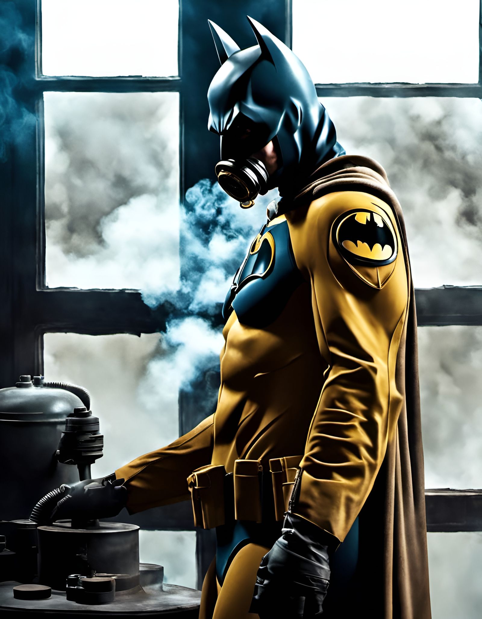 Batman wearing a gas mask inside of a smoke filled room - AI Generated ...