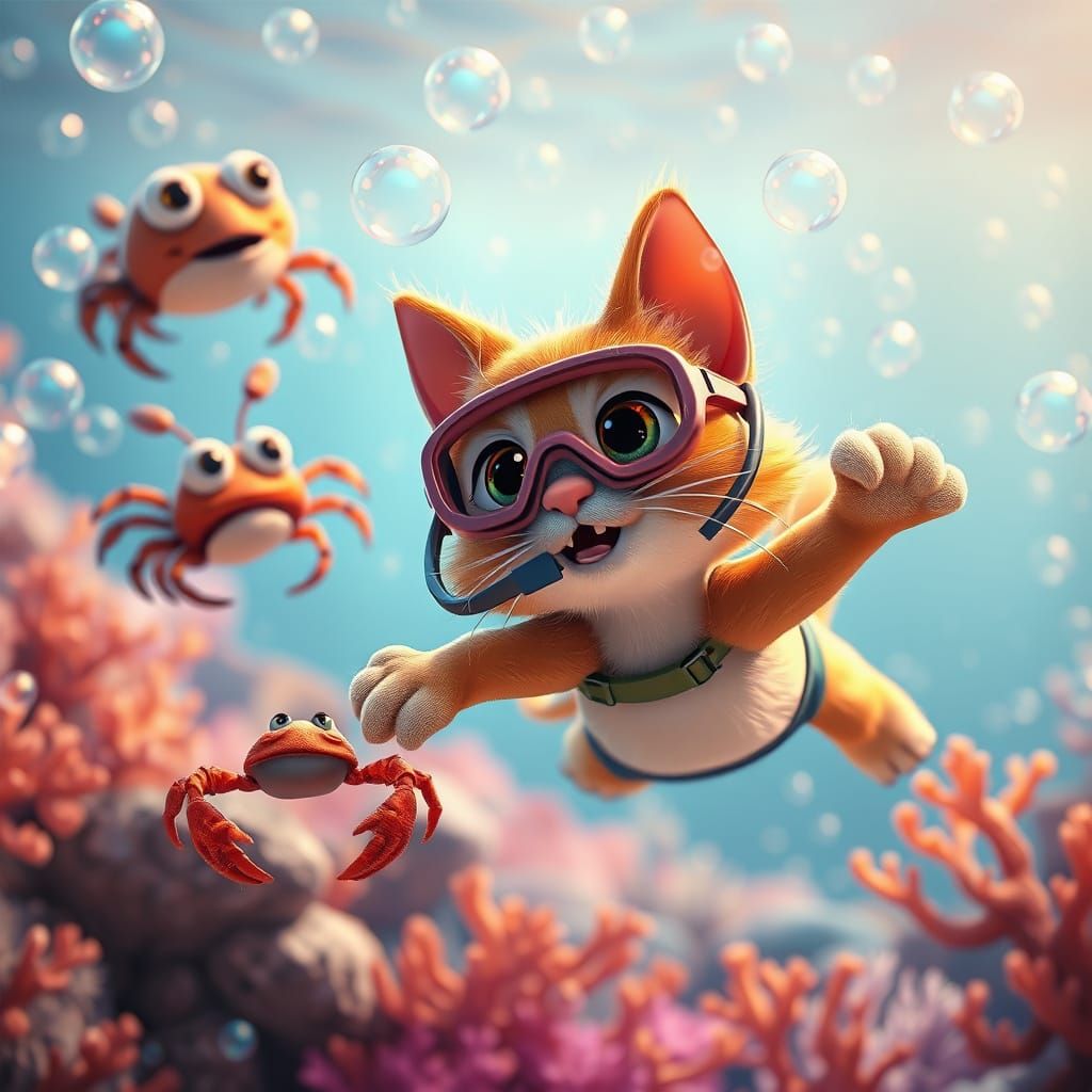 Cat is having fun - Whimsical CGI Cartoon Cat Dives with Cra...