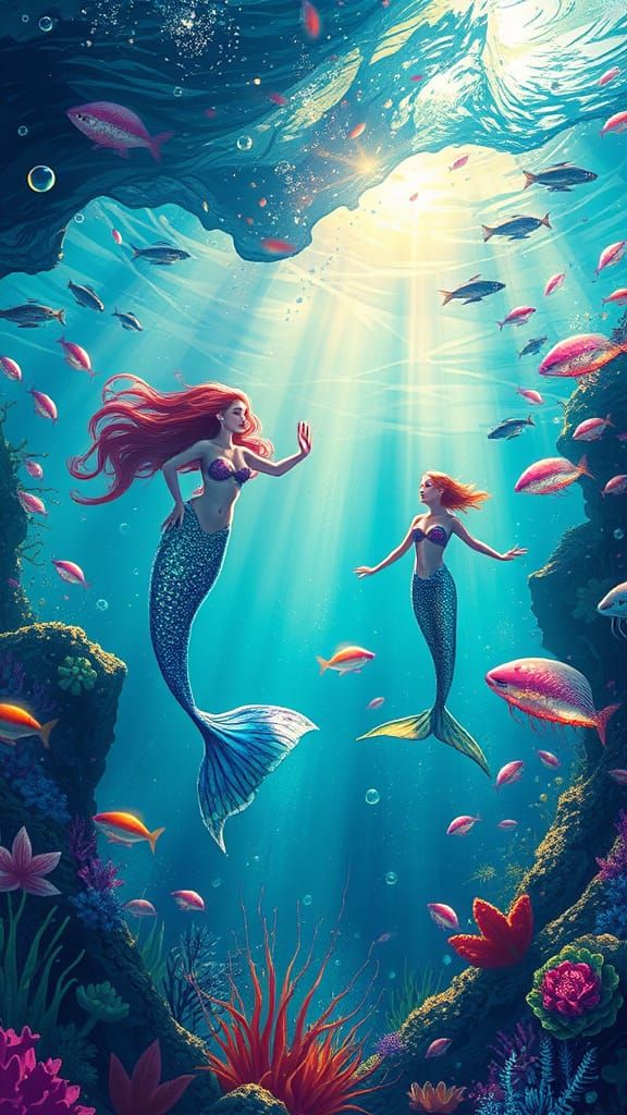 Mermaids in underwater city with vibrant marine life and plants and ...