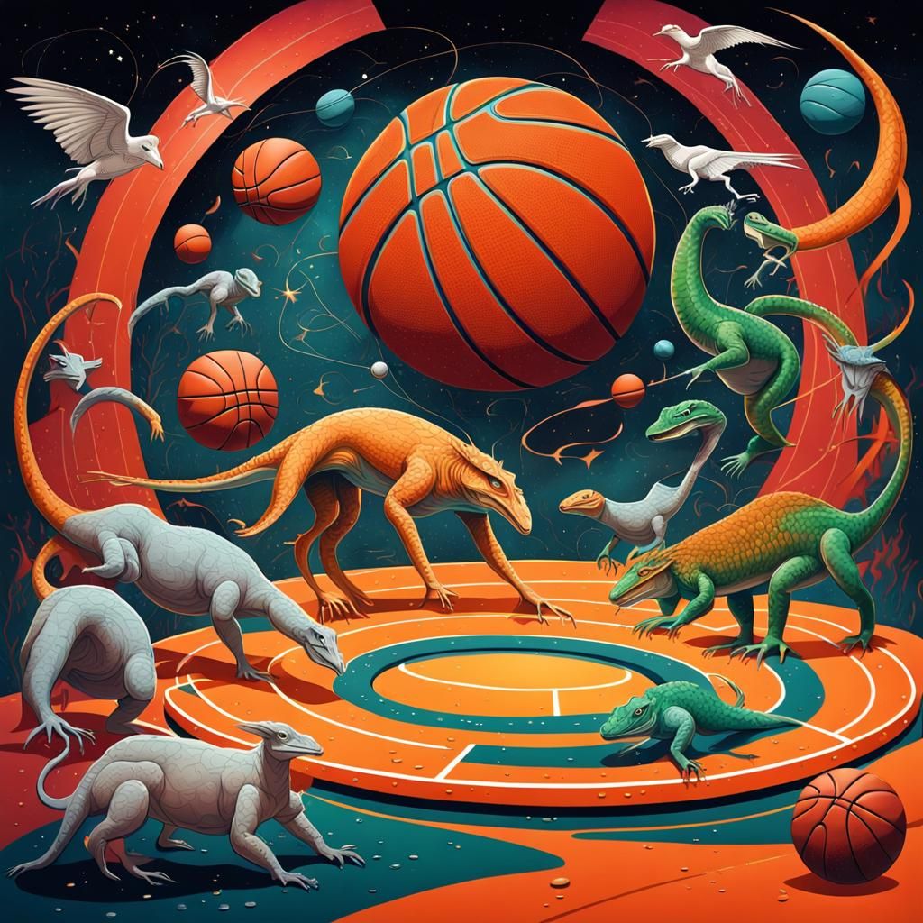 cosmic intergalactic basketball game an a futuristic arena between farm ...