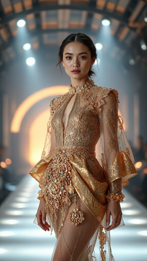 Confident Model Struts High-Fashion Couture on Glo... - AI Art