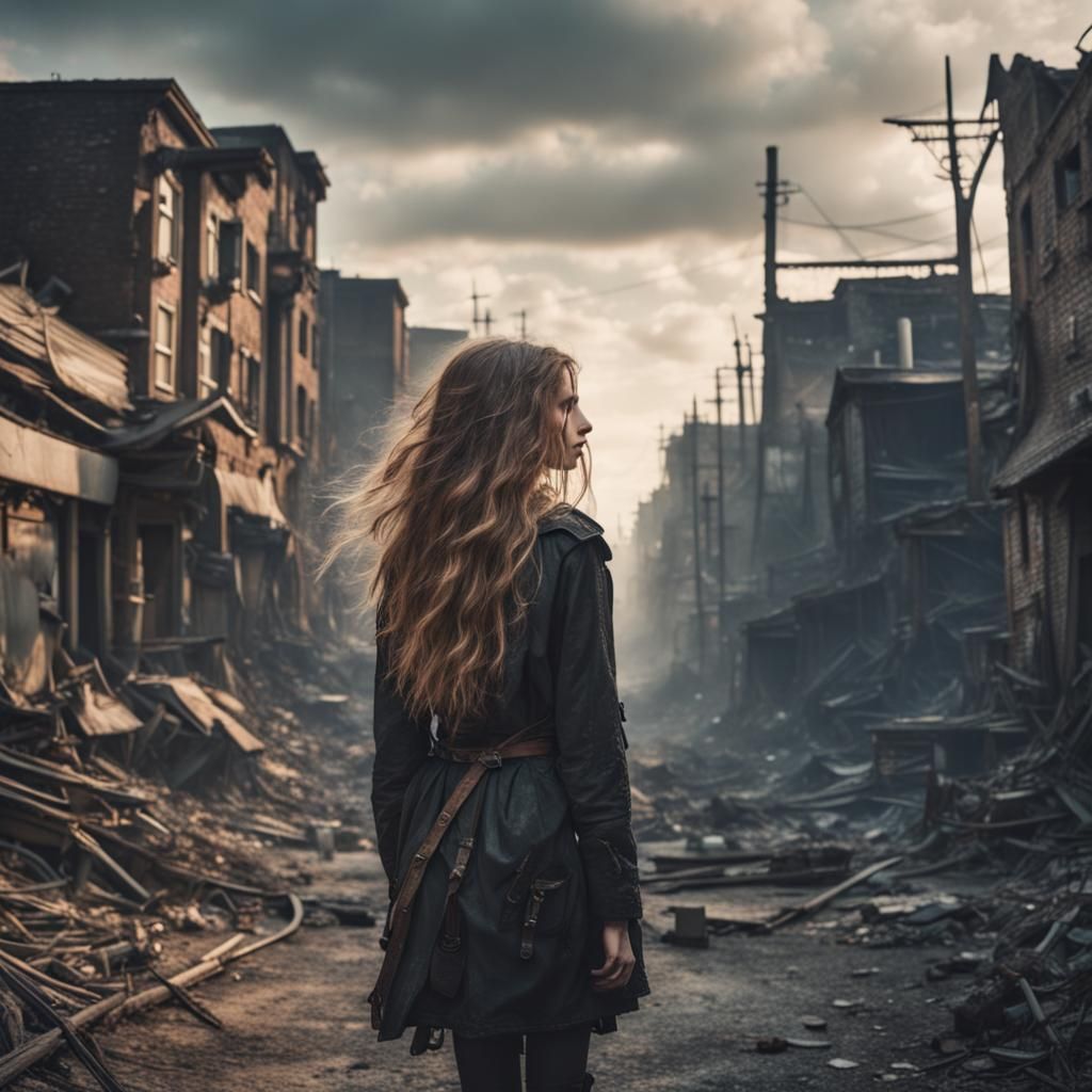 Mysterious Sorcery Girl wandering a post-apocalyptic Lovecraftian city ...