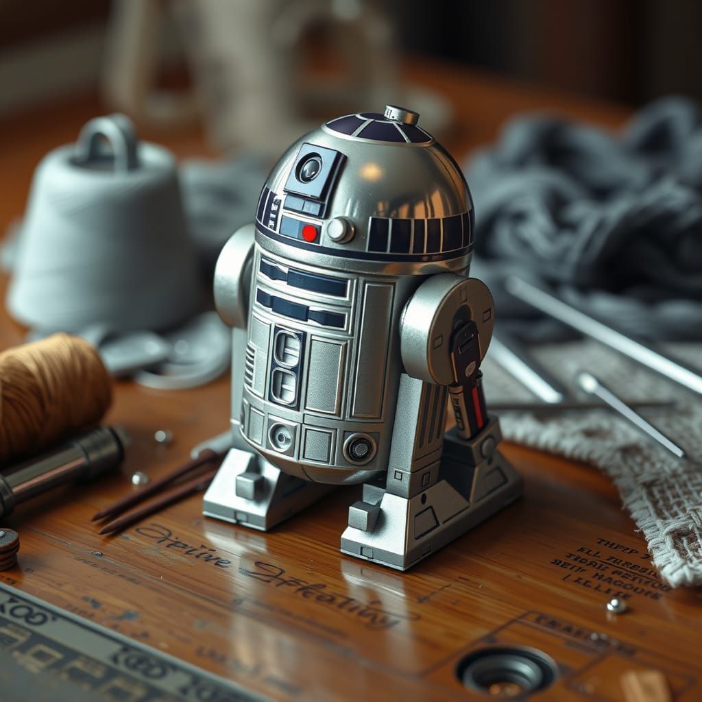 Intricately Detailed R2D2 Miniature on Worn Sewing... - AI Art