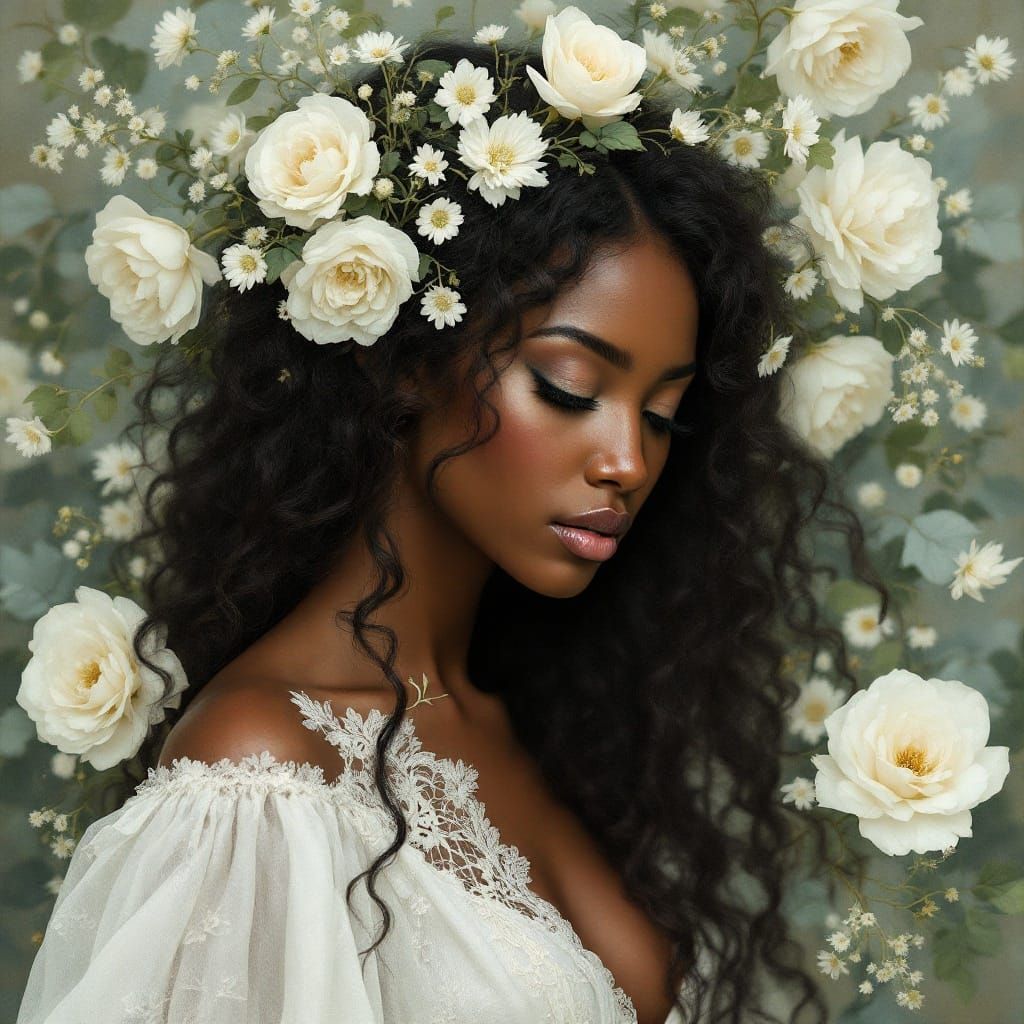 a delicate and ethereal painting of a beautiful black woman with long ...