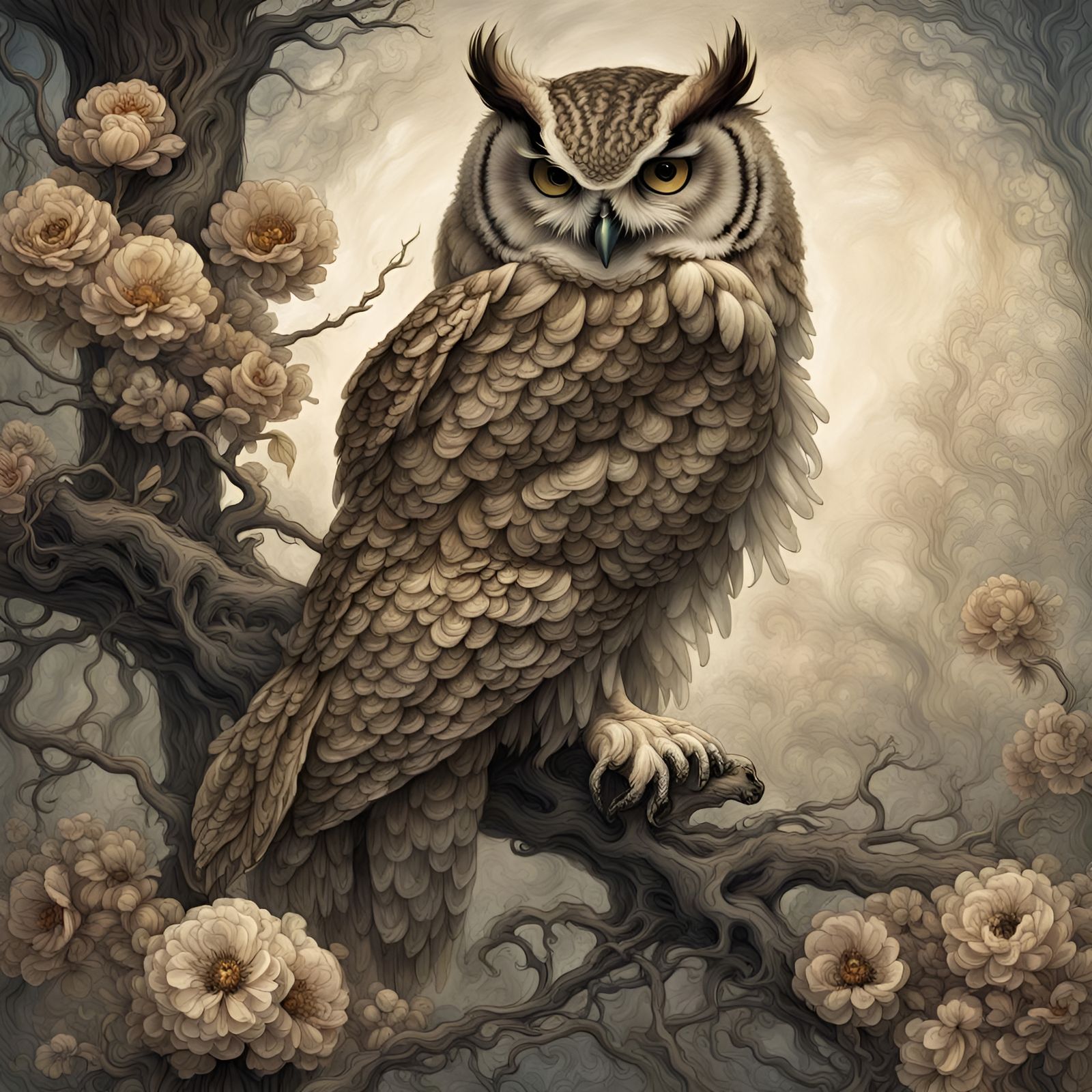 Arthur Rackham art style painting of a owl sitting on a ghostly lacey ...