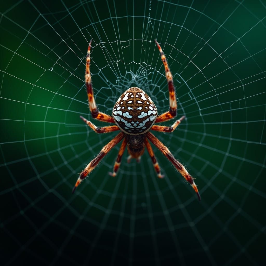 spider - Majestic Brown Spider Suspended in Dew-Kissed Web