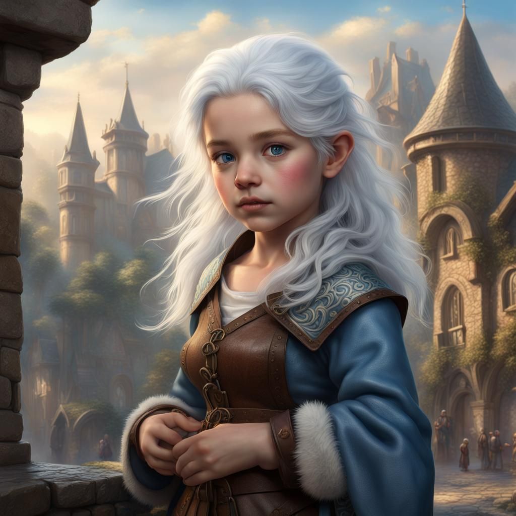 halfling female, white hair, long wavy hair, light blue eyes, leather ...
