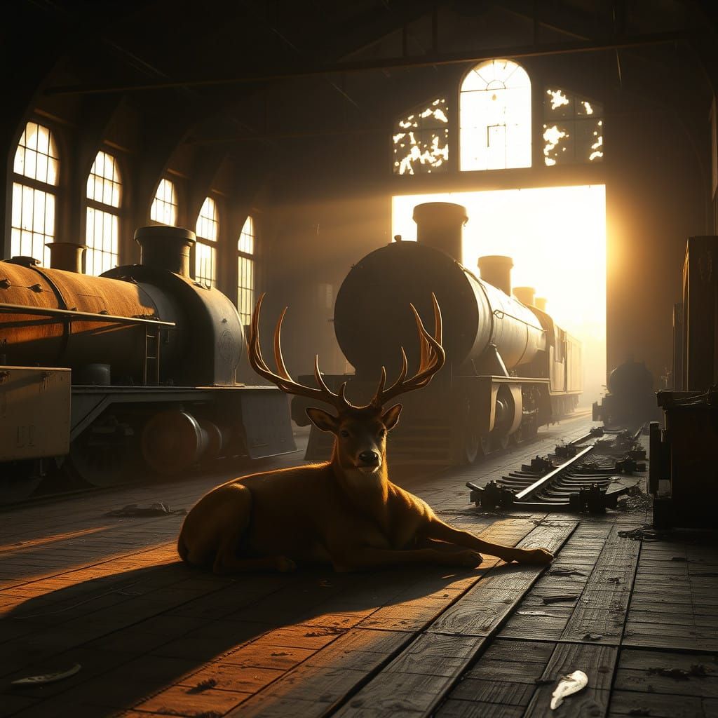 sunrise in a disused steam train warehouse with stag lying down