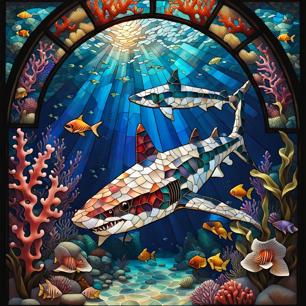 Mosaic stained glass art of a hammer headed shark under the deep sea ...