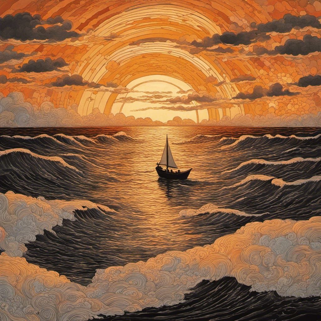 Boat with Sunset (dot variant) - AI Generated Artwork - NightCafe Creator