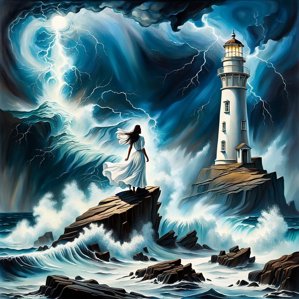 magical lighthouse overlooks the chaotic blue see, crashing waves, as ...
