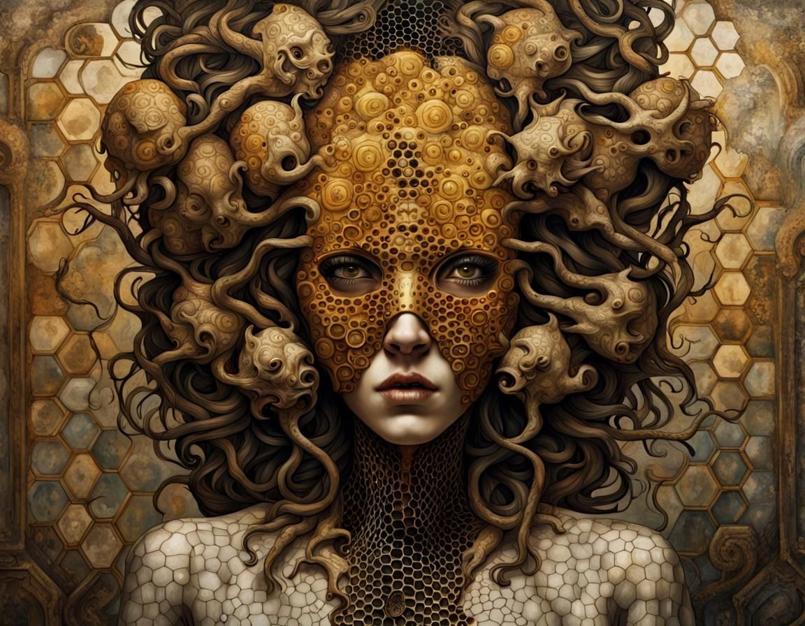 Portrait of Medusa hive mother wearing mask and honeycomb ...