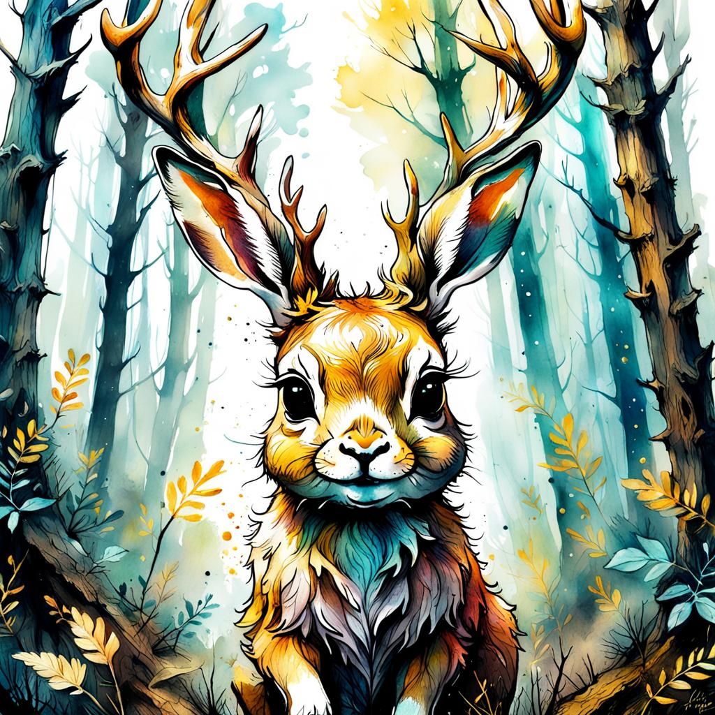 Cute happy baby Jackalope in a forest by Carne Griffiths Ashvin ...