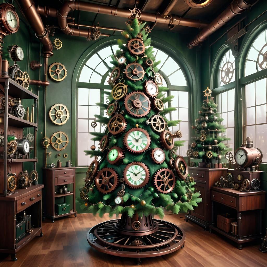 (Steampunk christmas tree:1.2). Green tree. Gears, clocks and Springs ...