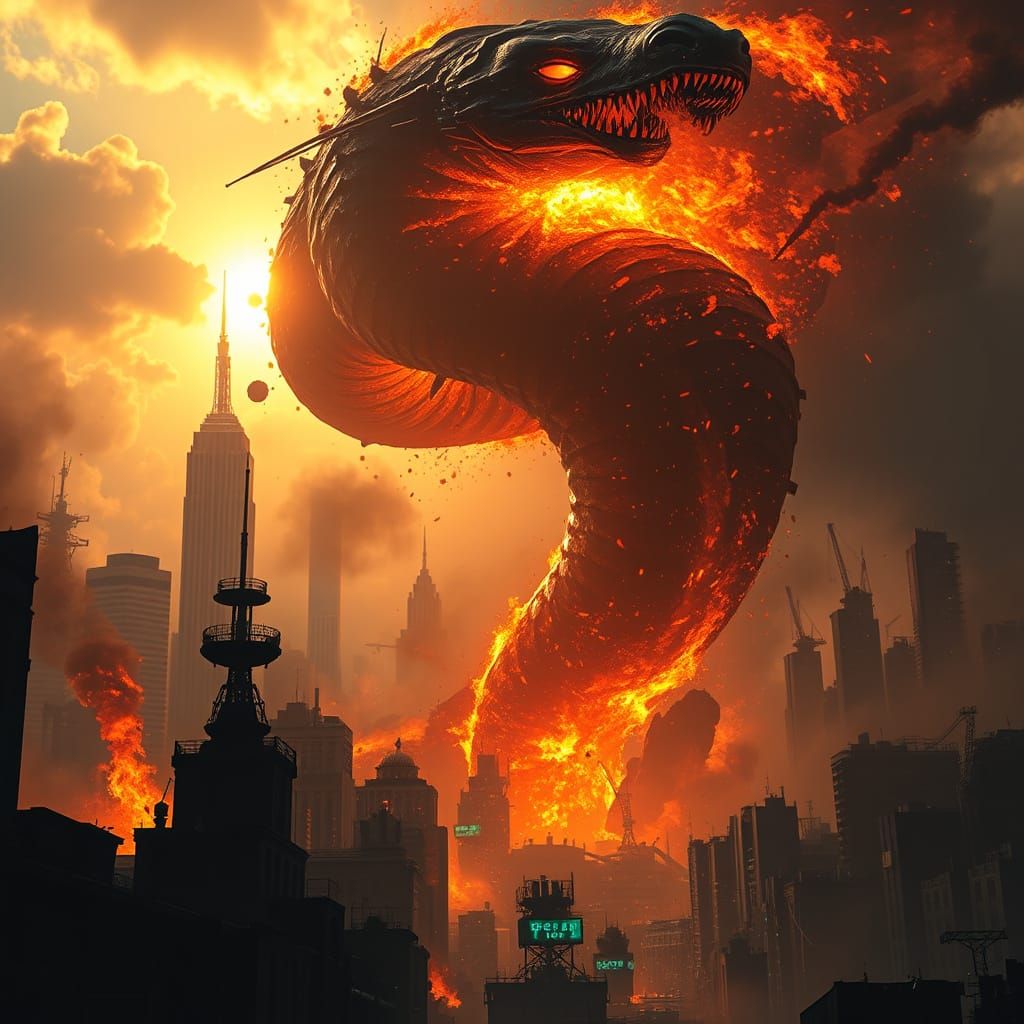 Giant Tornado Monster Engulfed in Dystopian Firest... - AI Art