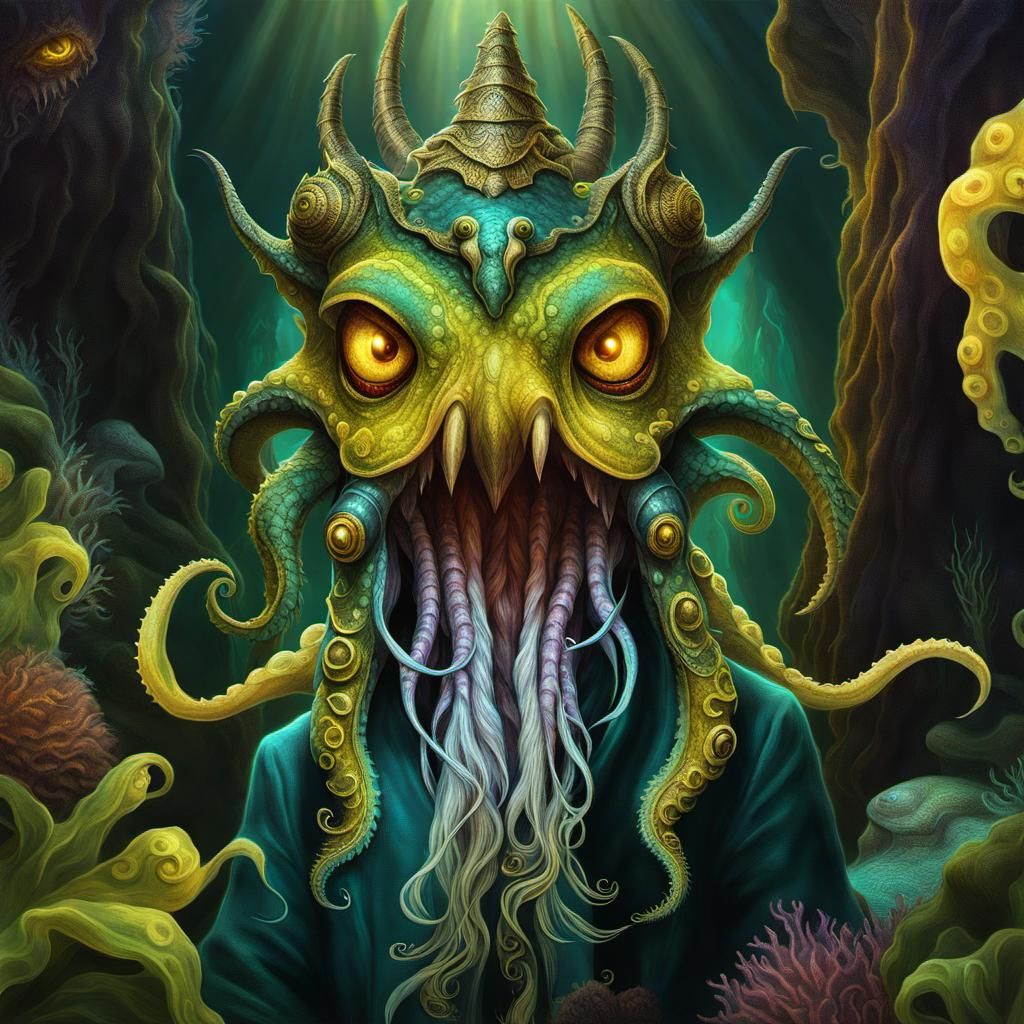 ferocious scaled giant octo-dragon halfling with large expressive ...