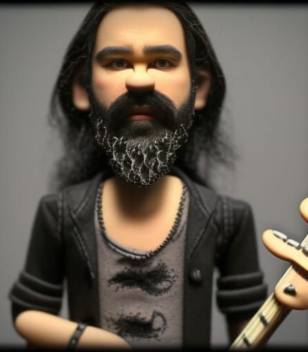 Claymation portrait of a Slayer singer with a black shirt and a long ...