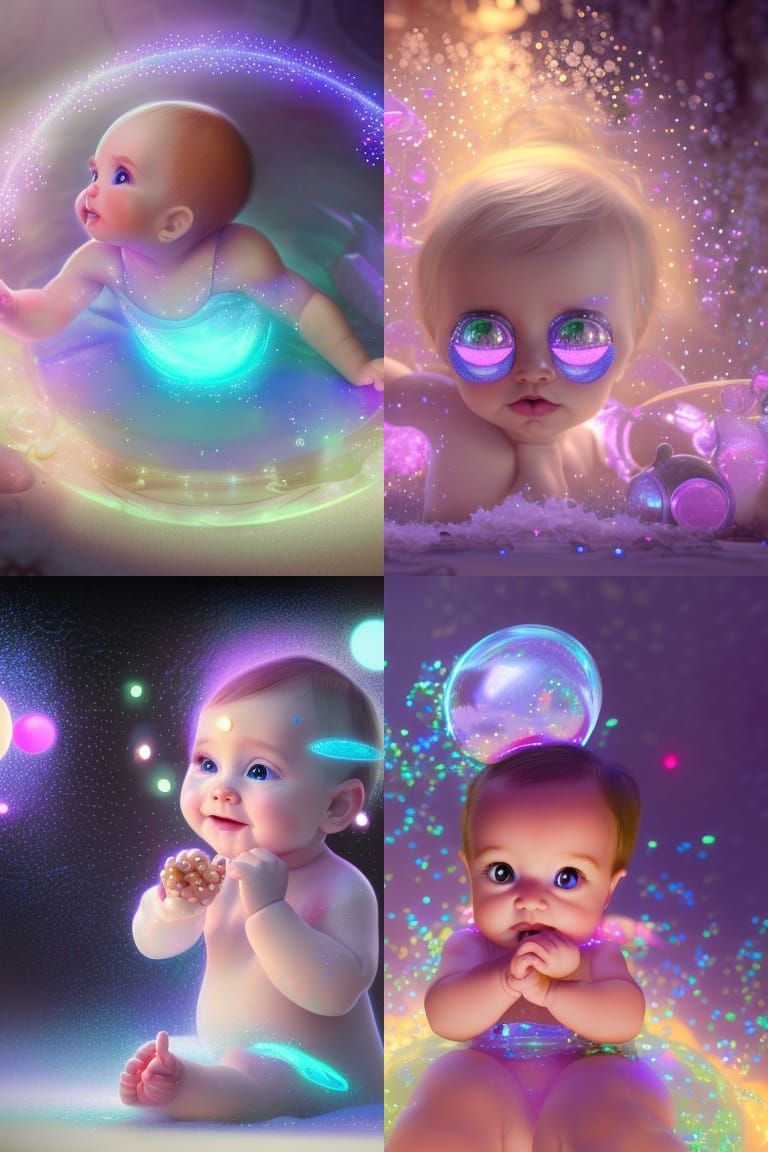 A cute little baby surrounded by floating luminous crystal sparkles and ...
