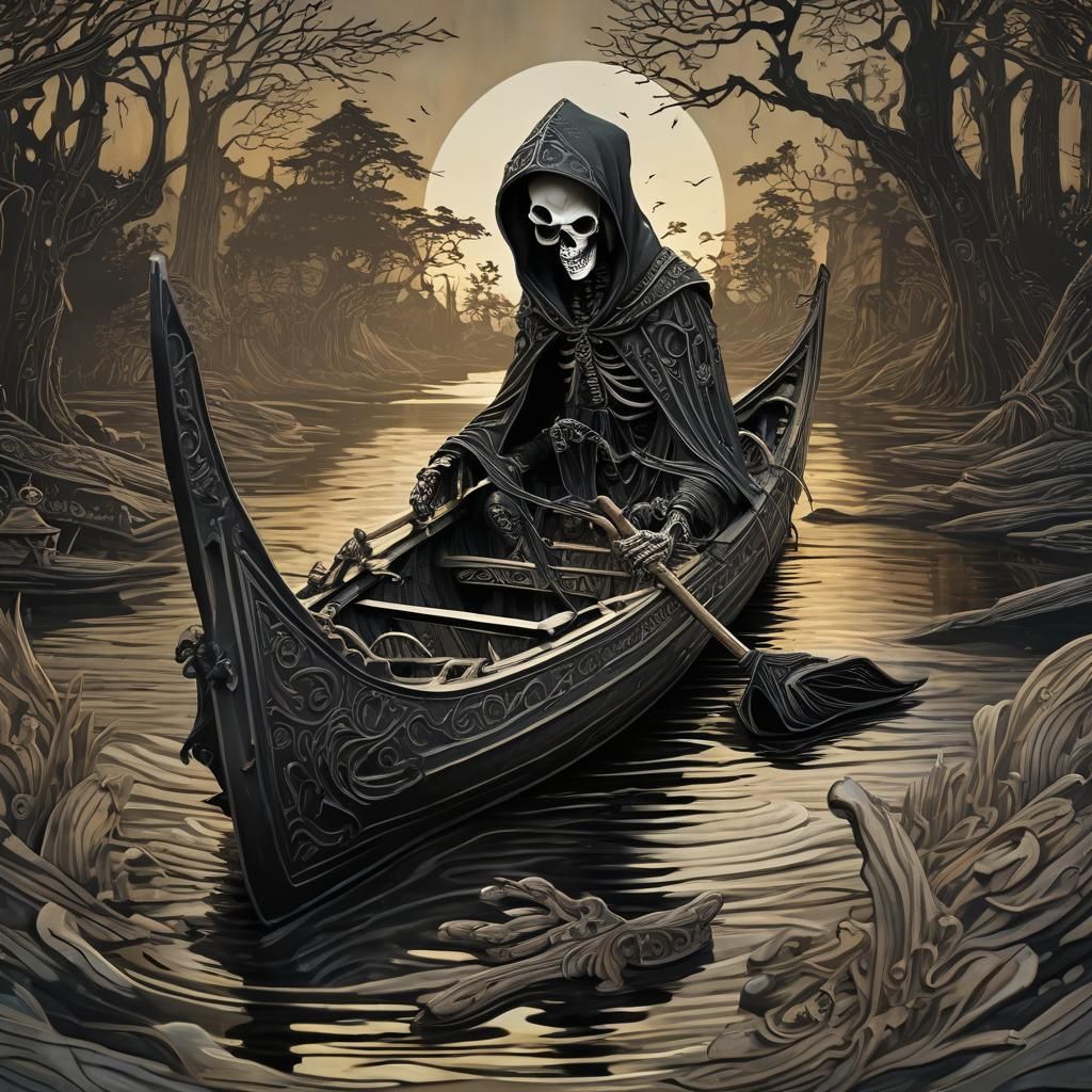 On the River Styx - Skeletal Figure in Dark Gothic Canoe Und...
