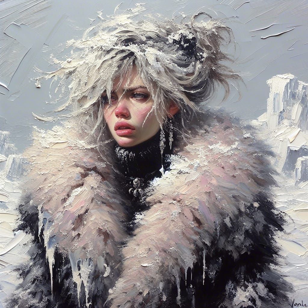Left in the Cold - Woman in Frosty Blizzard, Thick Oil Textu...