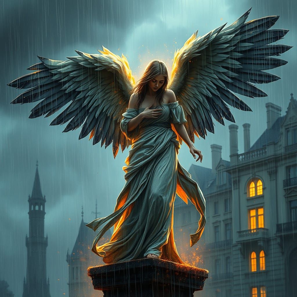 Fallen Angel in Turbulent Stormy Cityscape - AI Art