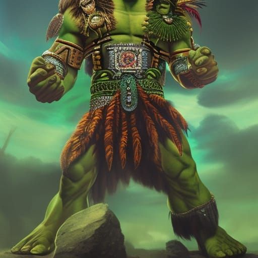 Hulk fused with Aztec warrior, intricately detailed, epic, Native ...