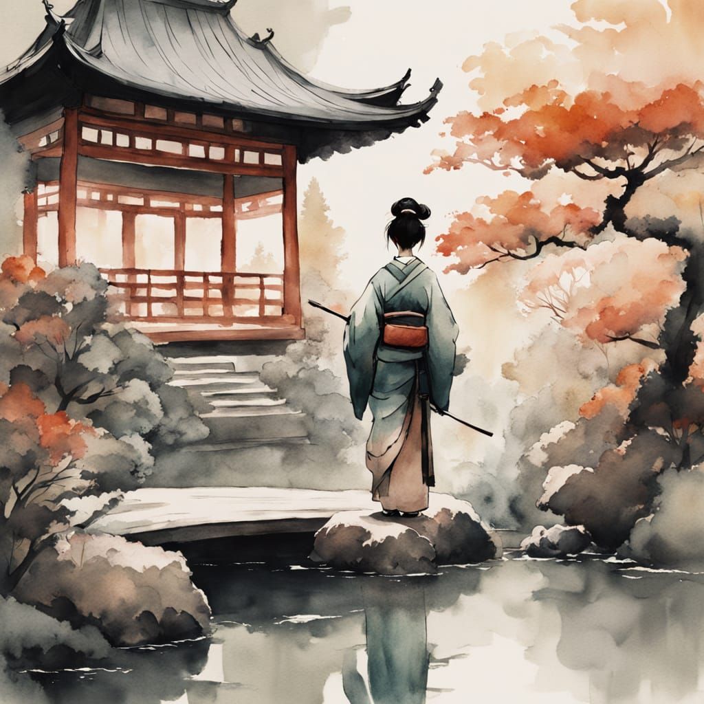 Geisha in Garden - Serene Geisha in Traditional Japanese Gar...